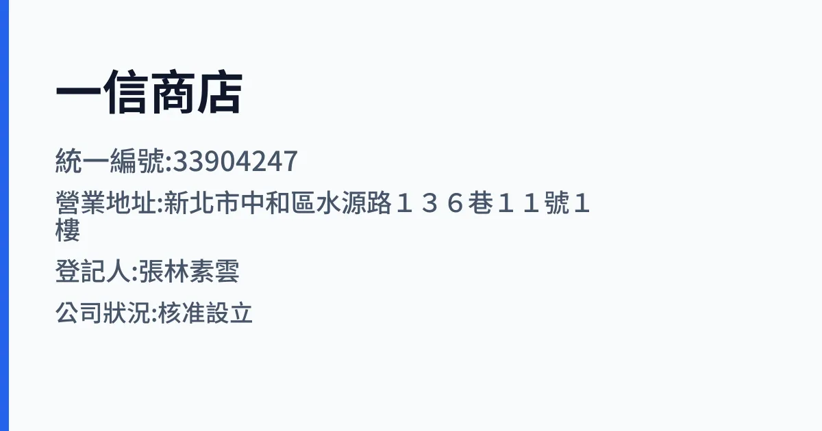 一信商店 - 統編 33904247(新北市) 公司登記資料與營業項目詳細圖表