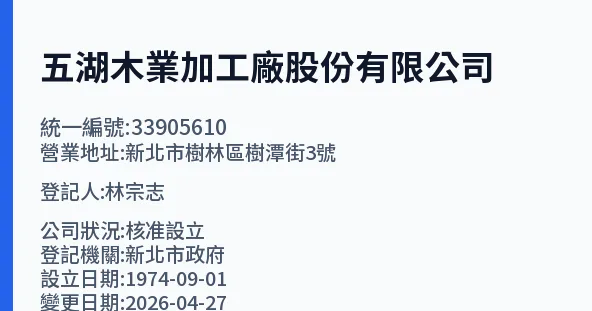 五湖木業加工廠股份有限公司的照片-統編 33905610(新北市) 公司登記資料與營業項目詳細圖表