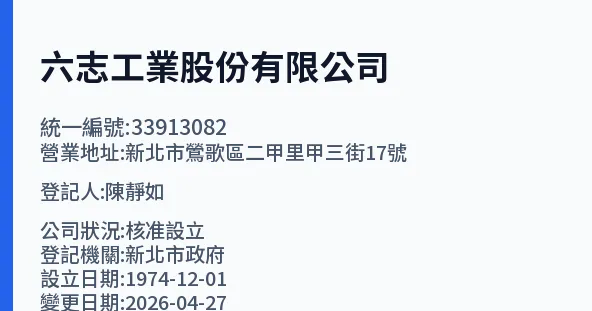 六志工業股份有限公司的照片-統編 33913082(新北市) 公司登記資料與營業項目詳細圖表