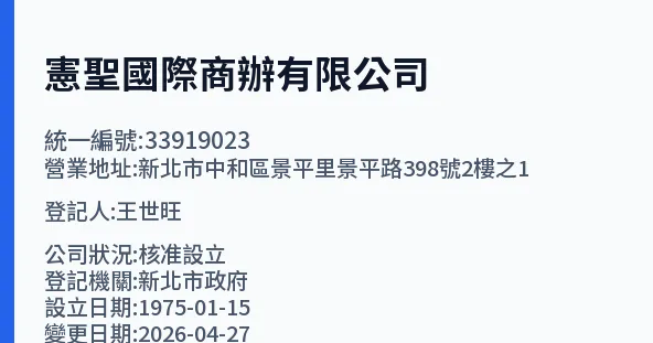 憲聖國際商辦有限公司的照片-統編 33919023(新北市) 公司登記資料與營業項目詳細圖表
