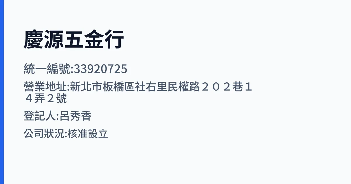 慶源五金行 - 統編 33920725(新北市) 公司登記資料與營業項目詳細圖表