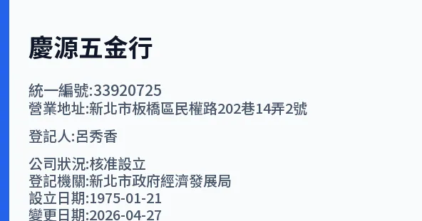 慶源五金行的照片-統編 33920725(新北市) 公司登記資料與營業項目詳細圖表