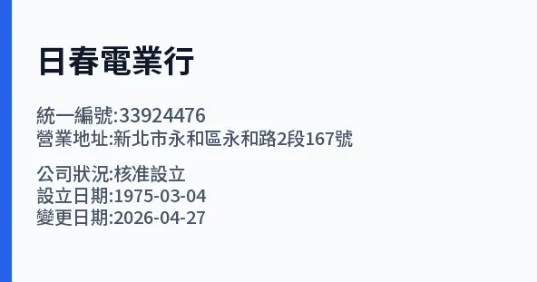 日春電業行的照片-統編 33924476(新北市) 公司登記資料與營業項目詳細圖表