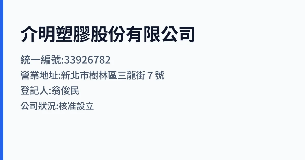 介明塑膠股份有限公司 - 統編 33926782(新北市) 公司登記資料與營業項目詳細圖表