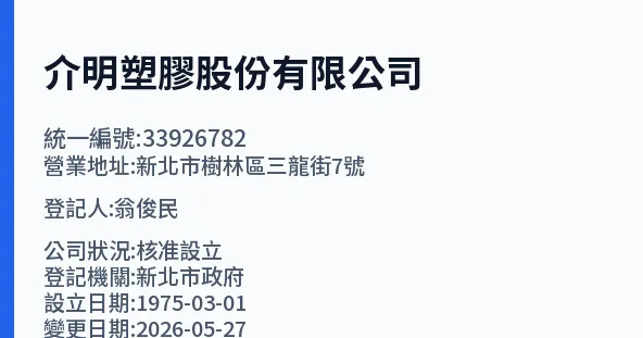 介明塑膠股份有限公司的照片-統編 33926782(新北市) 公司登記資料與營業項目詳細圖表