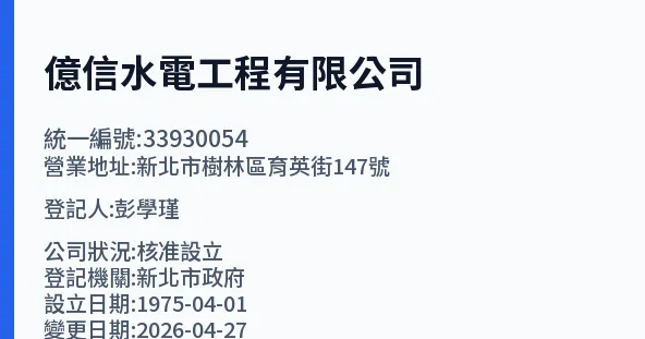 億信水電工程有限公司的照片-統編 33930054(新北市) 公司登記資料與營業項目詳細圖表