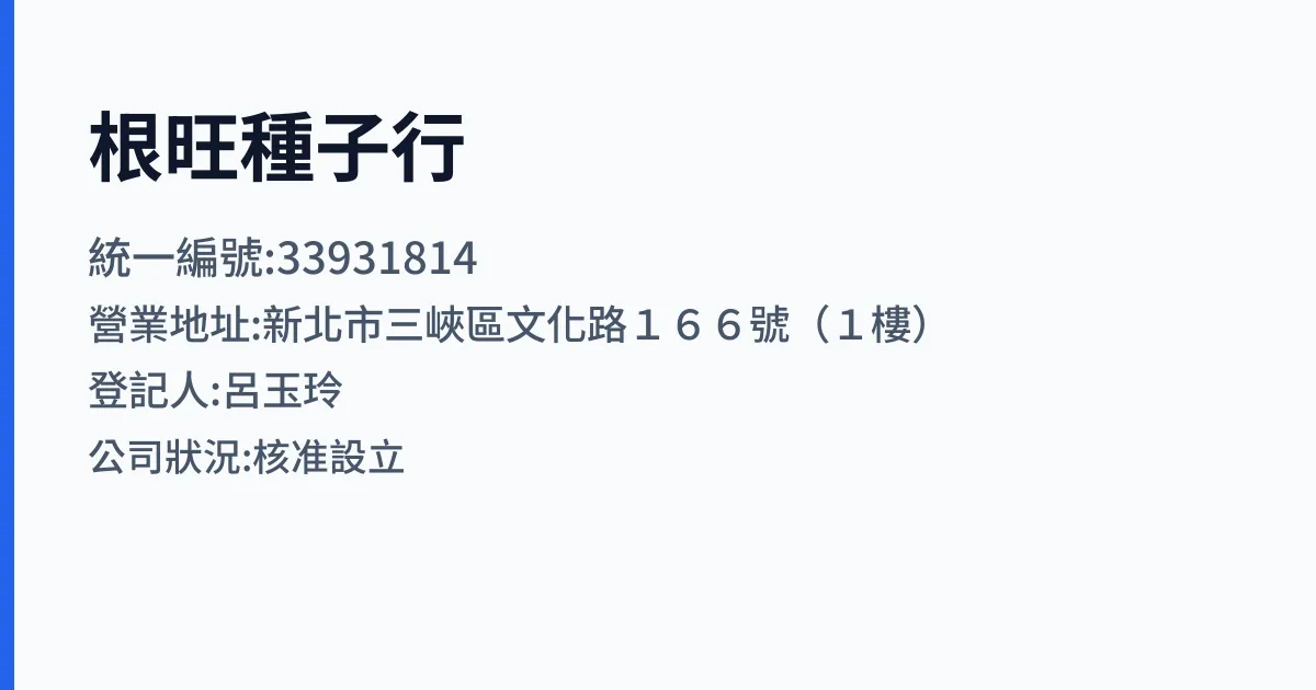 根旺種子行 - 統編 33931814(新北市) 公司登記資料與營業項目詳細圖表