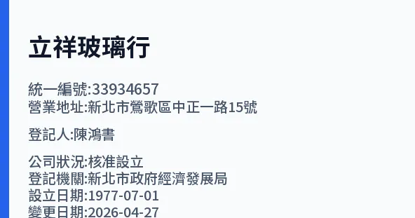 立祥玻璃行的照片-統編 33934657(新北市) 公司登記資料與營業項目詳細圖表