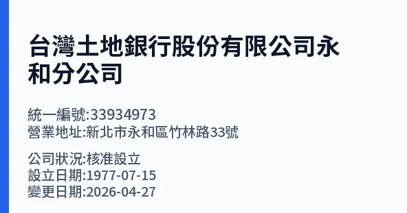 台灣土地銀行股份有限公司永和分公司的照片-統編 33934973(新北市) 公司登記資料與營業項目詳細圖表