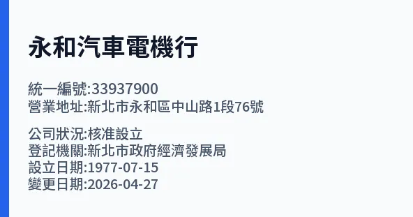 永和汽車電機行的照片-統編 33937900(新北市) 公司登記資料與營業項目詳細圖表