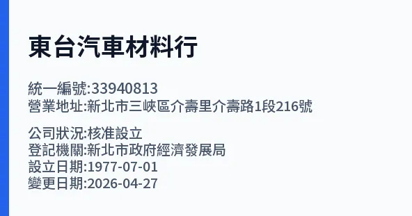 東台汽車材料行的照片-統編 33940813(新北市) 公司登記資料與營業項目詳細圖表