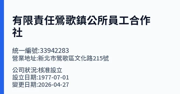 有限責任鶯歌鎮公所員工合作社的照片-統編 33942283(新北市) 公司登記資料與營業項目詳細圖表