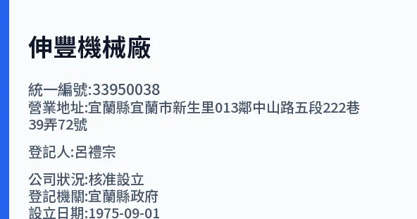 伸豐機械廠的照片-統編 33950038(宜蘭縣) 公司登記資料與營業項目詳細圖表