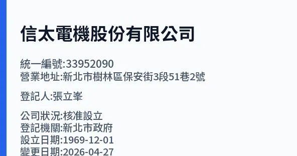 信太電機股份有限公司的照片-統編 33952090(新北市) 公司登記資料與營業項目詳細圖表