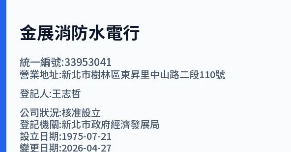 金展消防水電行的照片-統編 33953041(新北市) 公司登記資料與營業項目詳細圖表