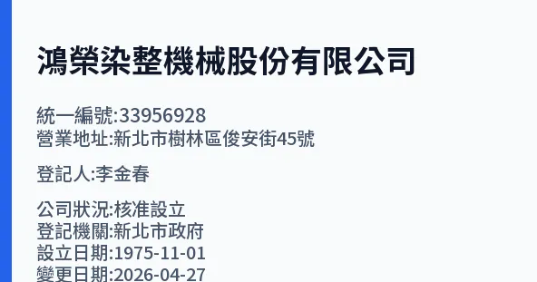 鴻榮染整機械股份有限公司的照片-統編 33956928(新北市) 公司登記資料與營業項目詳細圖表