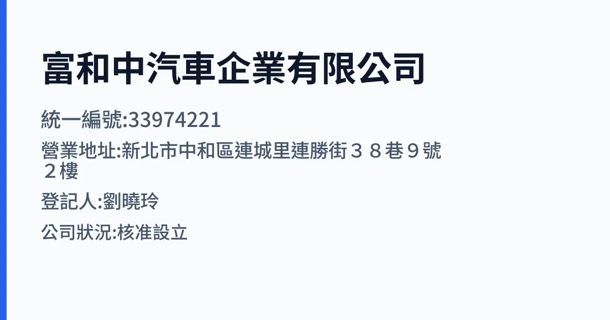 富和中汽車企業有限公司 - 統編 33974221(新北市) 公司登記資料與營業項目詳細圖表