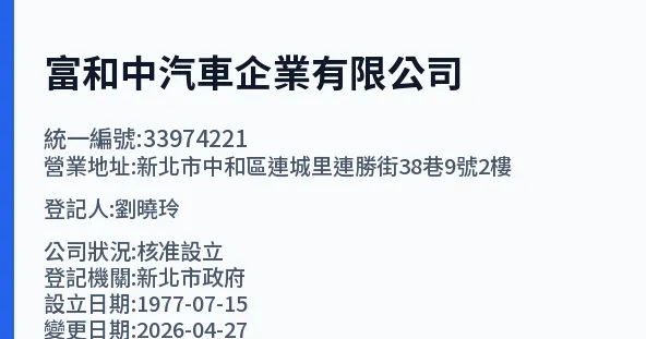 富和中汽車企業有限公司的照片-統編 33974221(新北市) 公司登記資料與營業項目詳細圖表