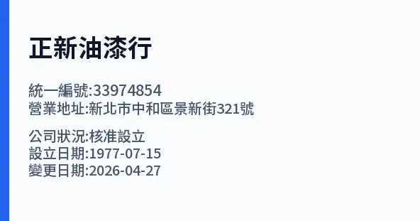 正新油漆行的照片-統編 33974854(新北市) 公司登記資料與營業項目詳細圖表