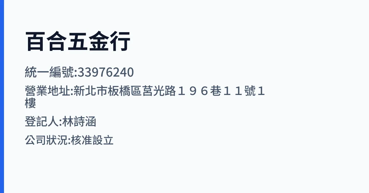 百合五金行 - 統編 33976240(新北市) 公司登記資料與營業項目詳細圖表