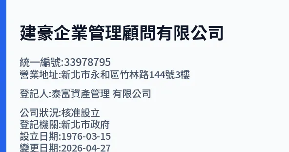 建豪企業管理顧問有限公司的照片-統編 33978795(新北市) 公司登記資料與營業項目詳細圖表
