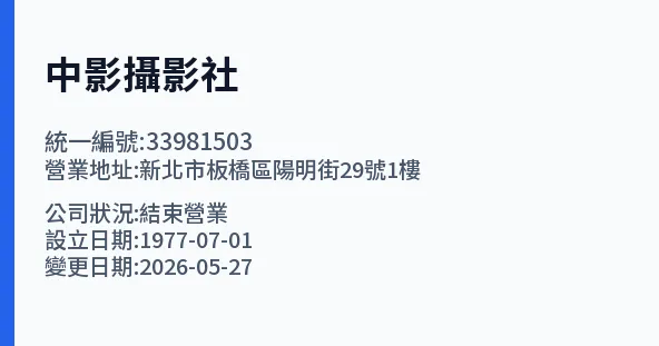 中影攝影社的照片-統編 33981503(新北市) 公司登記資料與營業項目詳細圖表