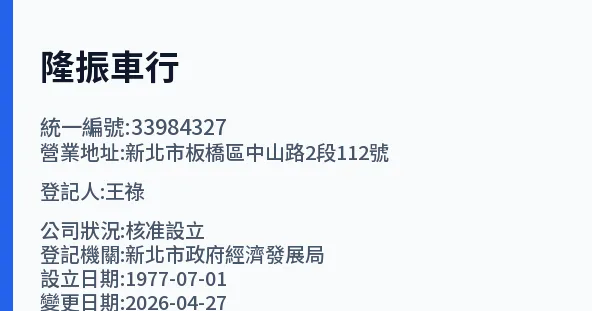 隆振車行的照片-統編 33984327(新北市) 公司登記資料與營業項目詳細圖表