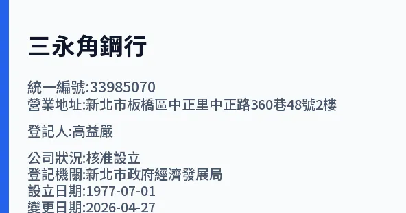 三永角鋼行的照片-統編 33985070(新北市) 公司登記資料與營業項目詳細圖表