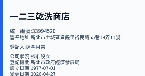 一二三乾洗商店的照片-統編 33994520(新北市) 公司登記資料與營業項目詳細圖表