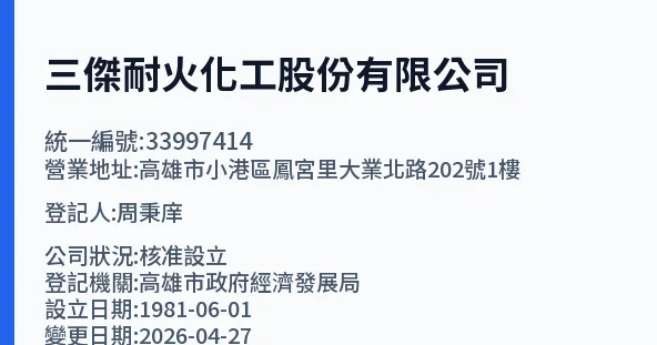 三傑耐火化工股份有限公司的照片-統編 33997414(高雄市) 公司登記資料與營業項目詳細圖表