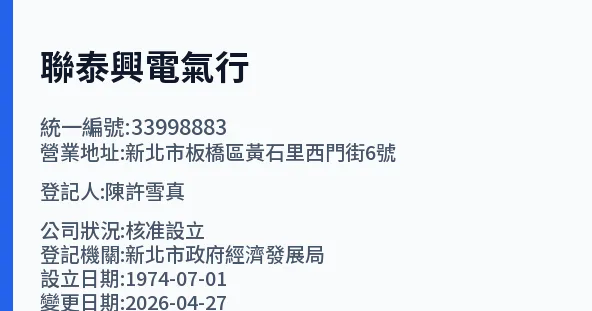 聯泰興電氣行的照片-統編 33998883(新北市) 公司登記資料與營業項目詳細圖表