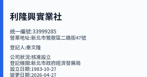 利隆興實業社的照片-統編 33999285(新北市) 公司登記資料與營業項目詳細圖表