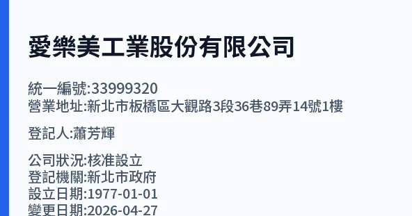 愛樂美工業股份有限公司的照片-統編 33999320(新北市) 公司登記資料與營業項目詳細圖表