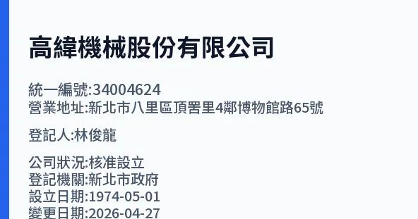 高緯機械股份有限公司的照片-統編 34004624(新北市) 公司登記資料與營業項目詳細圖表