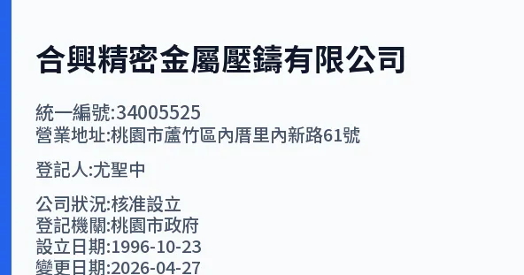 合興精密金屬壓鑄有限公司的照片-統編 34005525(桃園市) 公司登記資料與營業項目詳細圖表
