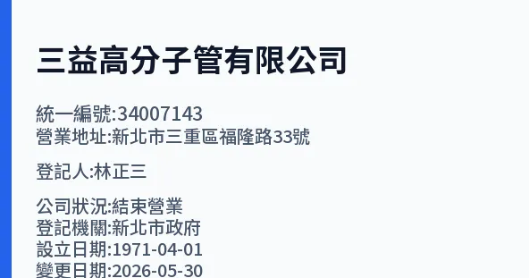 三益高分子管有限公司的照片-統編 34007143(新北市) 公司登記資料與營業項目詳細圖表