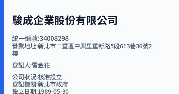 駿成企業股份有限公司的照片-統編 34008298(新北市) 公司登記資料與營業項目詳細圖表