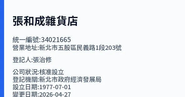 張和成雜貨店的照片-統編 34021665(新北市) 公司登記資料與營業項目詳細圖表