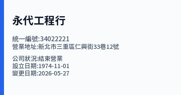 永代工程行的照片-統編 34022221(新北市) 公司登記資料與營業項目詳細圖表