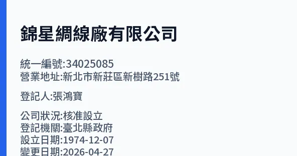 錦星綢線廠有限公司的照片-統編 34025085(新北市) 公司登記資料與營業項目詳細圖表