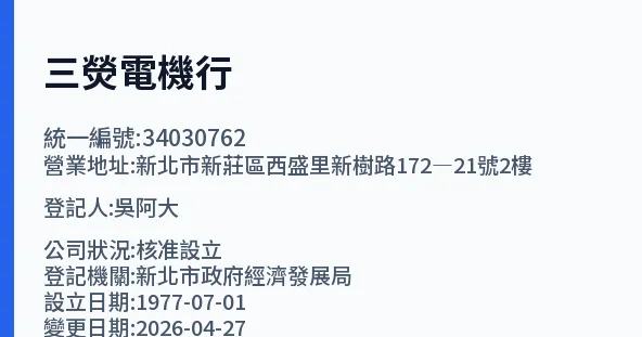 三熒電機行的照片-統編 34030762(新北市) 公司登記資料與營業項目詳細圖表