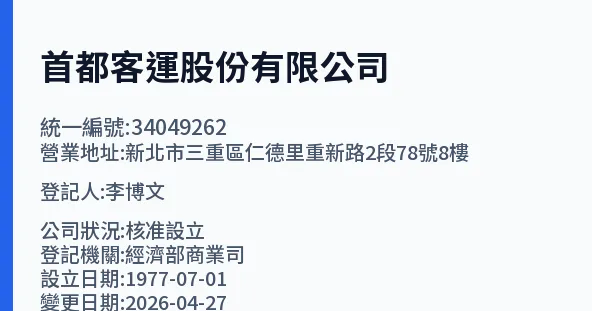首都客運股份有限公司的照片-統編 34049262(新北市) 公司登記資料與營業項目詳細圖表