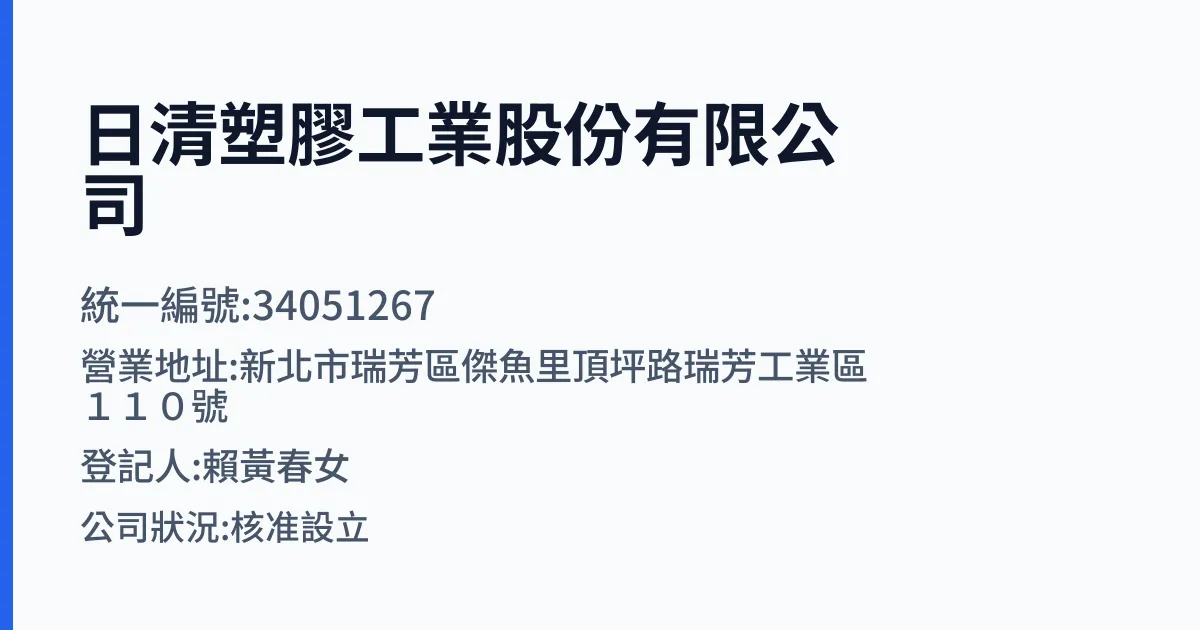 日清塑膠工業股份有限公司 - 統編 34051267(新北市) 公司登記資料與營業項目詳細圖表