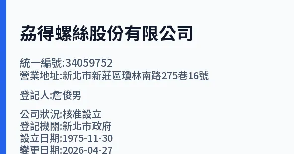 劦得螺絲股份有限公司的照片-統編 34059752(新北市) 公司登記資料與營業項目詳細圖表