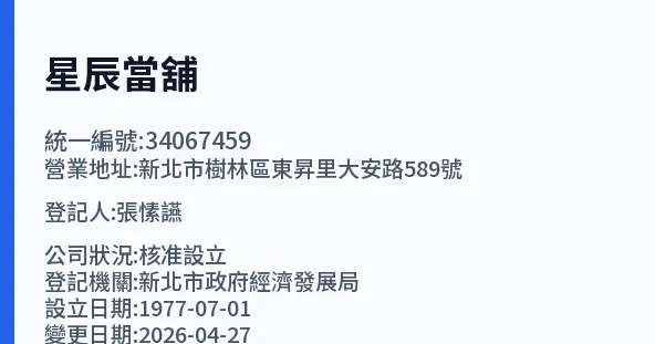 星辰當舖的照片-統編 34067459(新北市) 公司登記資料與營業項目詳細圖表