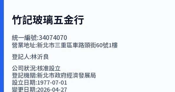 竹記玻璃五金行的照片-統編 34074070(新北市) 公司登記資料與營業項目詳細圖表