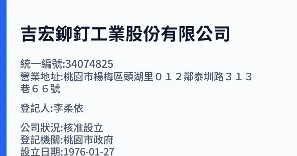 吉宏鉚釘工業股份有限公司的照片-統編 34074825(桃園市) 公司登記資料與營業項目詳細圖表