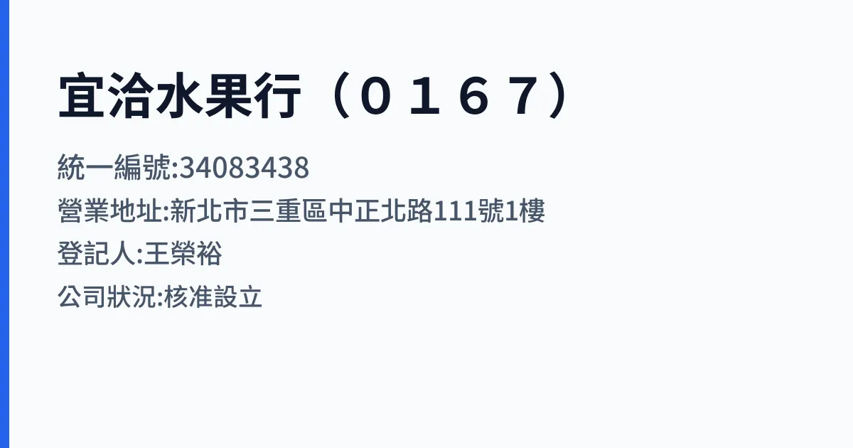 宜洽水果行(0167) - 統編 34083438(新北市) 公司登記資料與營業項目詳細圖表