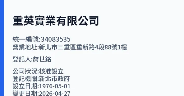 重英實業有限公司的照片-統編 34083535(新北市) 公司登記資料與營業項目詳細圖表