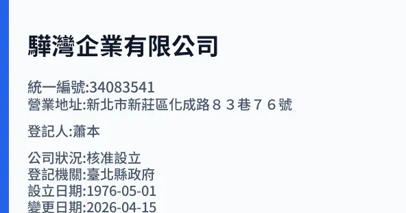 驊灣企業有限公司的照片-統編 34083541(新北市) 公司登記資料與營業項目詳細圖表